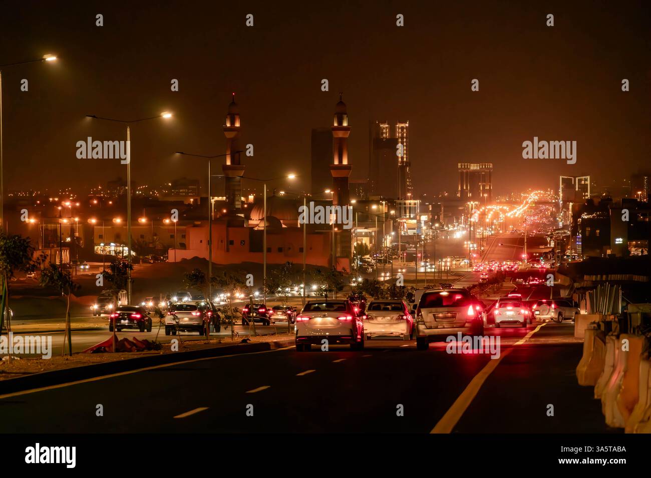 Night view of traffic on Riyadh streets in Saudi Arabia, with ...