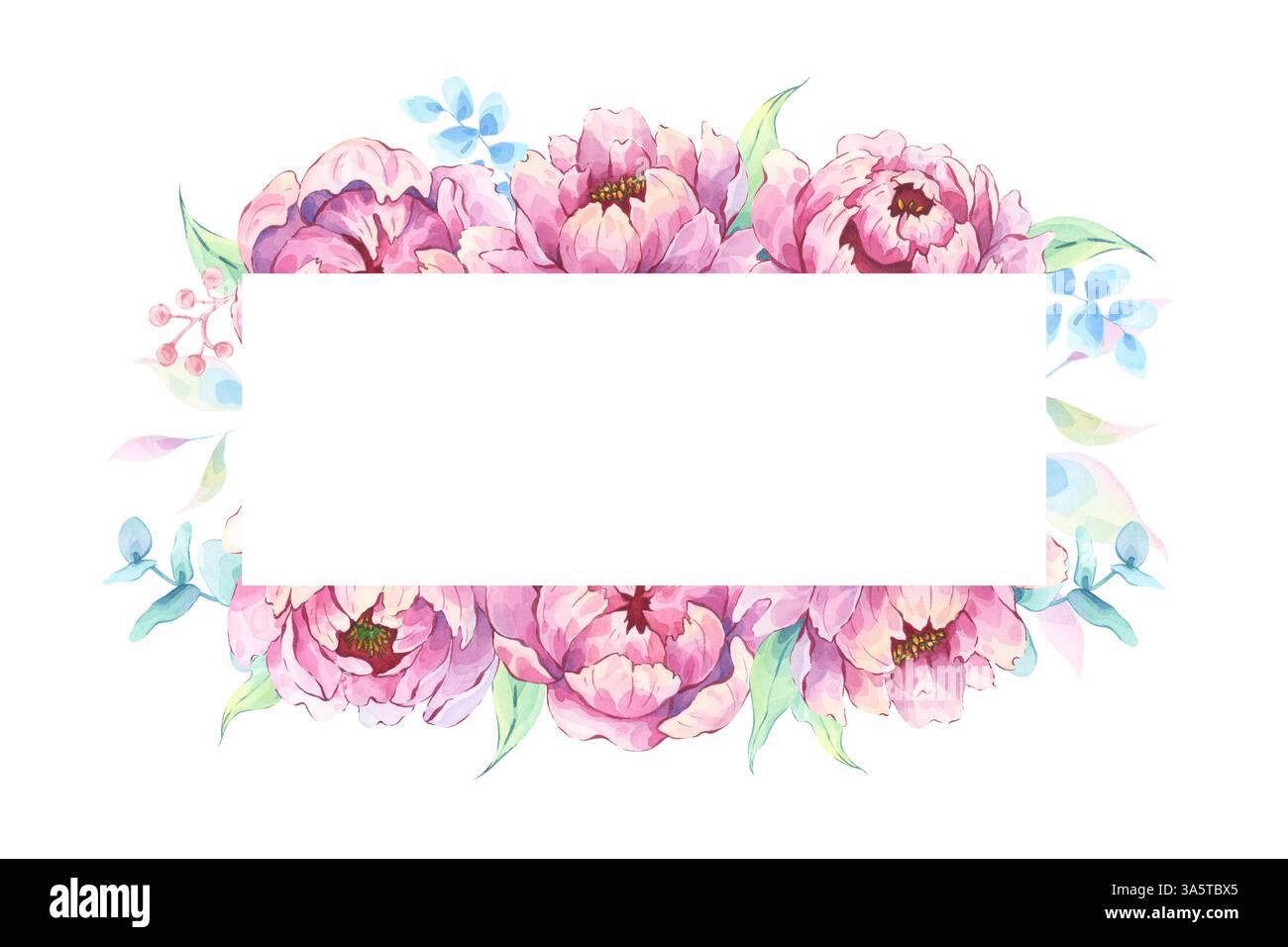 Watercolor pink peony floral frame with green leaves and branches Stock ...