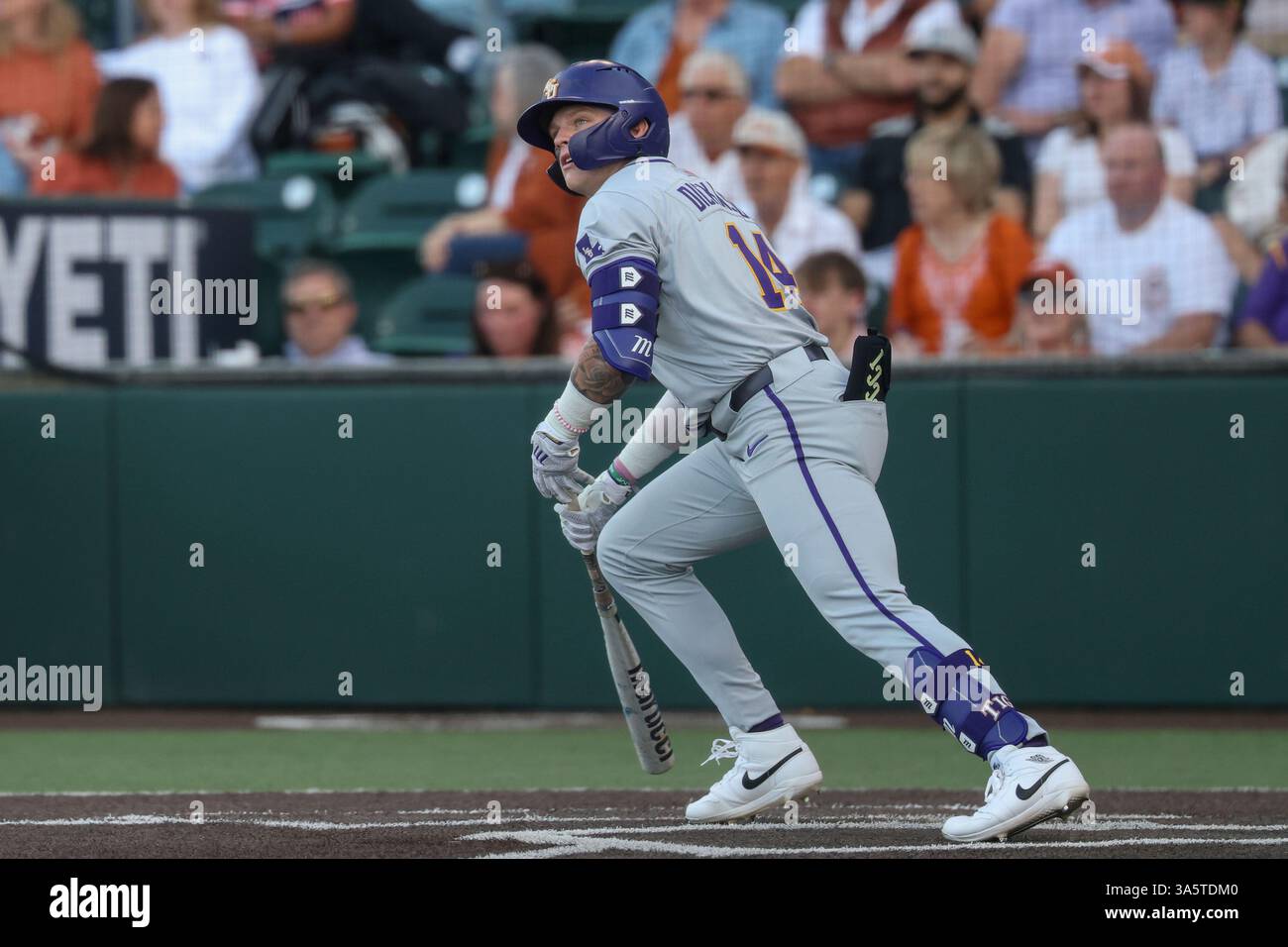AUSTIN, TX - MARCH 22: LSU infielder Daniel Dickinson (14) watches the ...