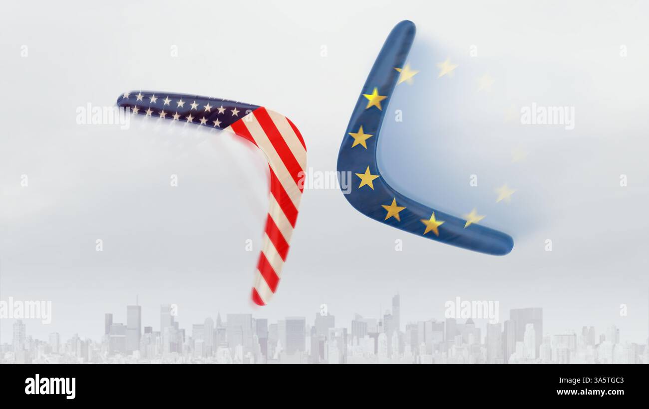 Two boomerangs painted in US and EU colors collide mid-air, symbolizing ...