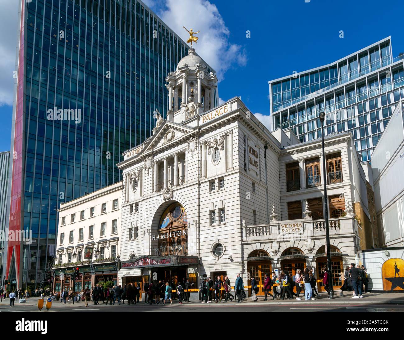 'Hamilton' Victoria Palace theatre dwarfed by modern buildings, Westminster, London, England UK ...