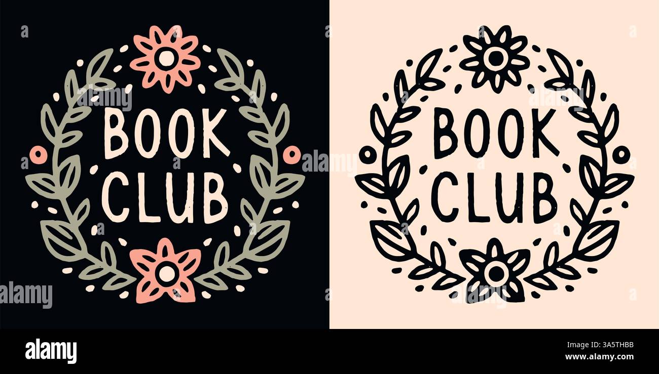 Book club round badge logo floral frame cute romance readers reading ...