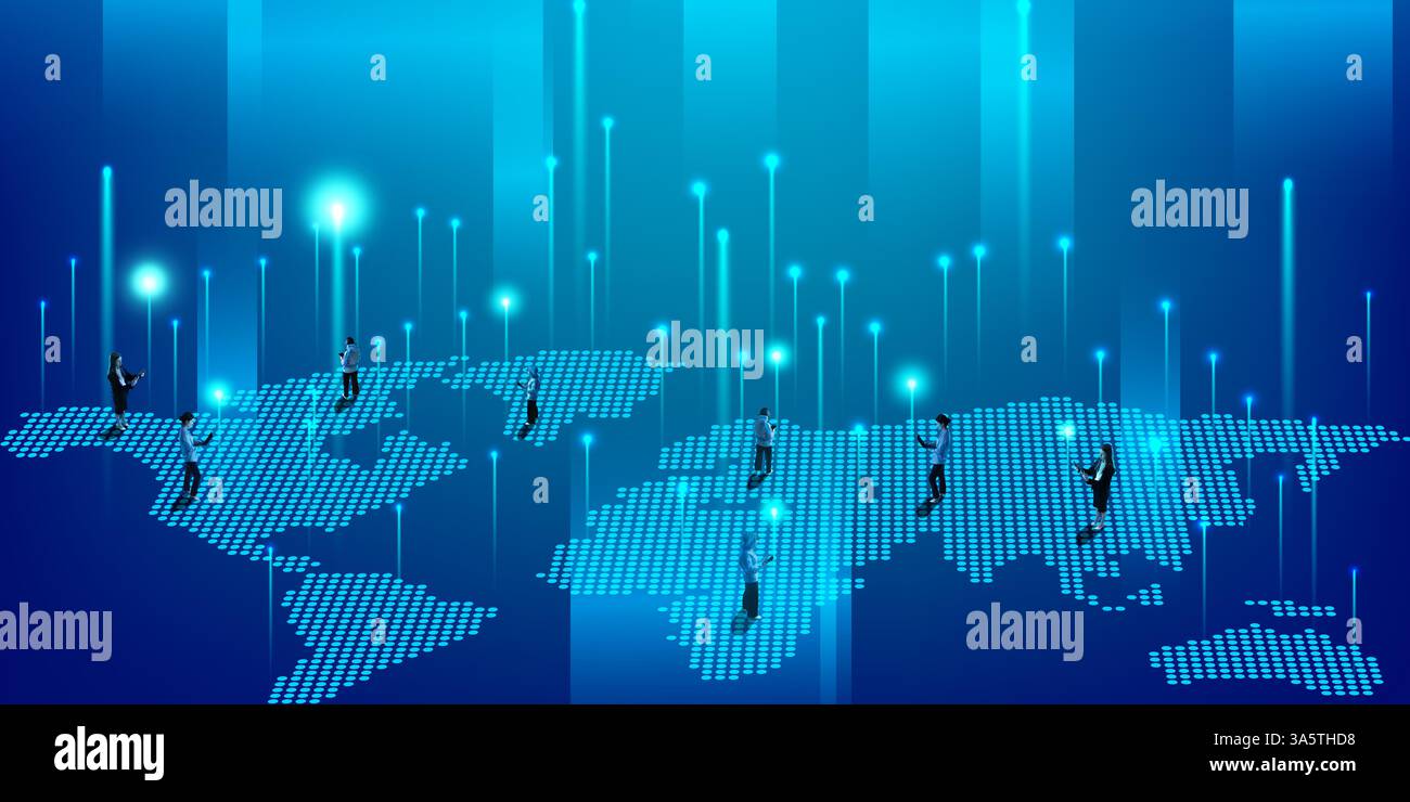 People connected globally across digital world map visualizing ...