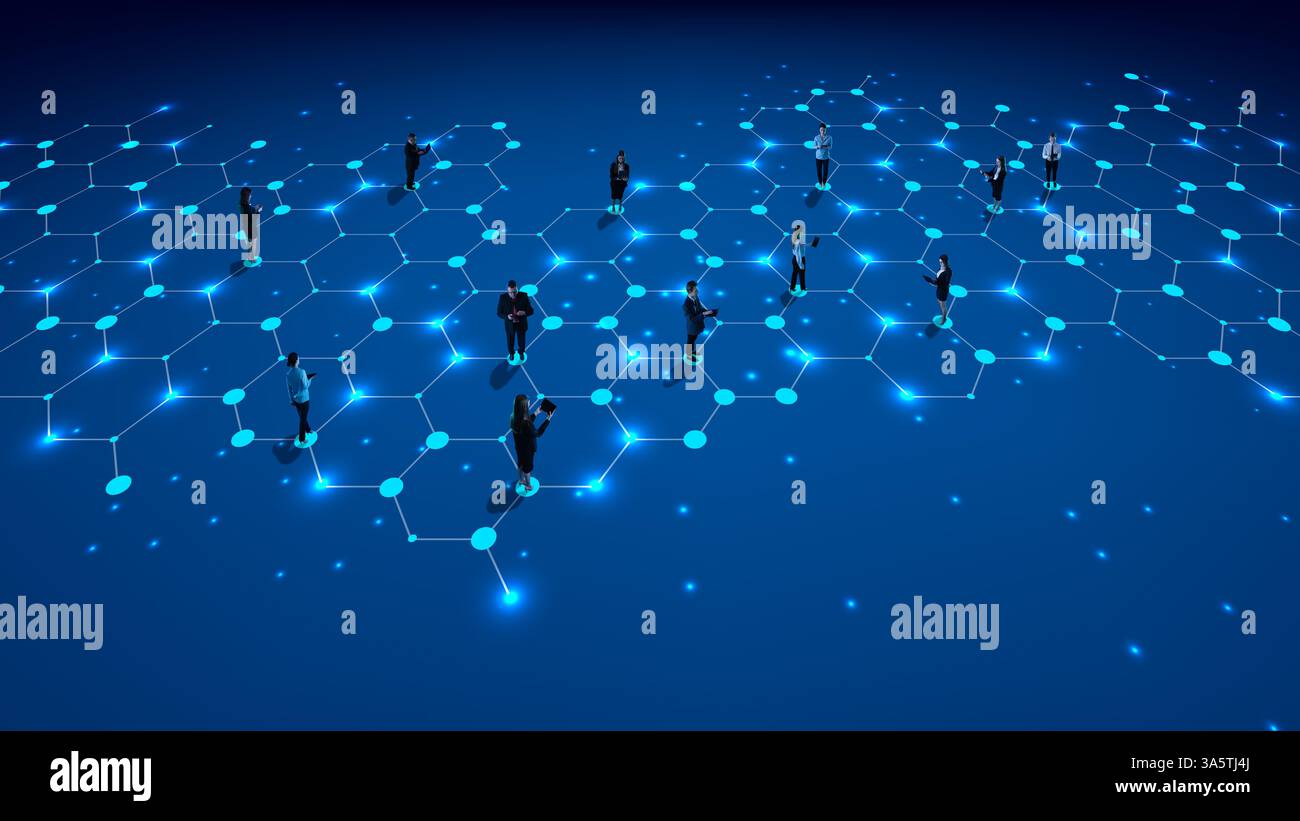 Business people connected through hexagonal tech pattern. Blockchain ...
