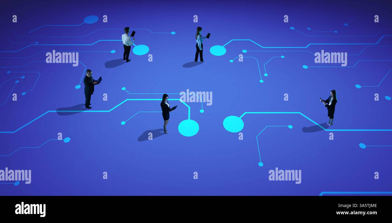 Business people distributed over digital world map, interacting via ...