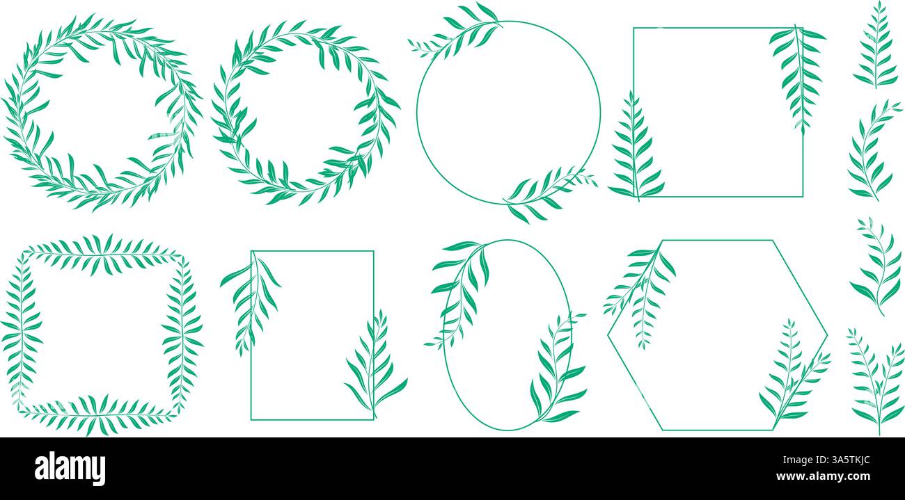 Green rustic set of frames and twigs. Round rim, square, rectangle, oval frame shape with ...