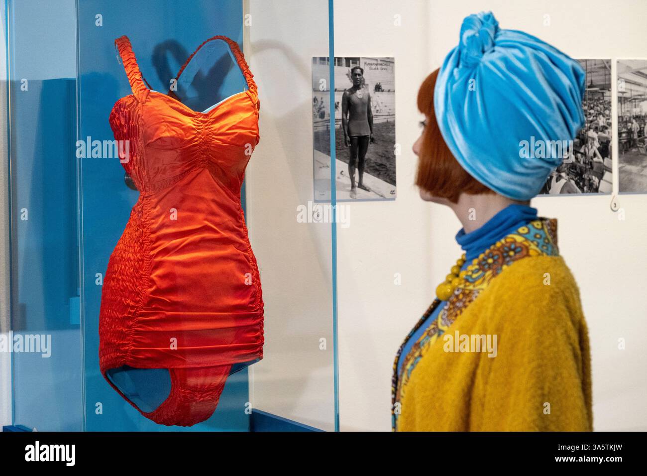 London, UK. 24 March 2025. Curator Amber Butchart with ‘Lastex stretch ...