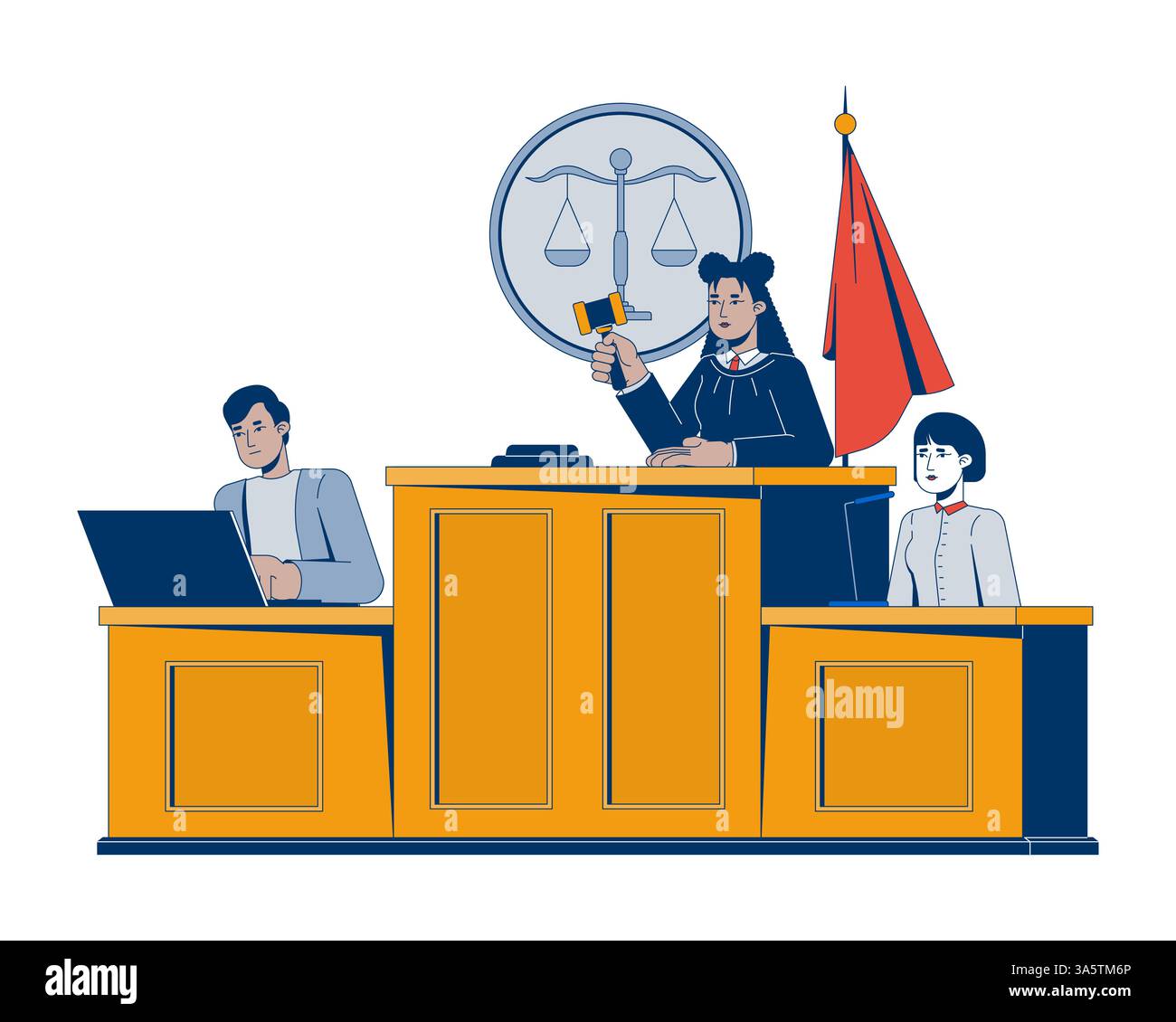 Latina female judge in courtroom holding gavel 2D cartoon characters ...