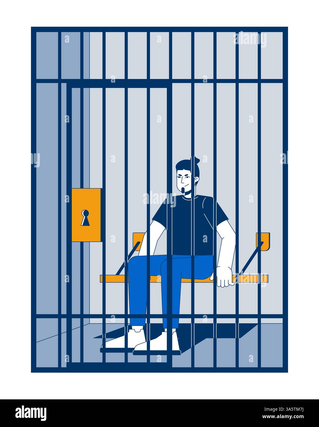 Arrested suspect man sitting in jail cell behind bars 2D cartoon ...