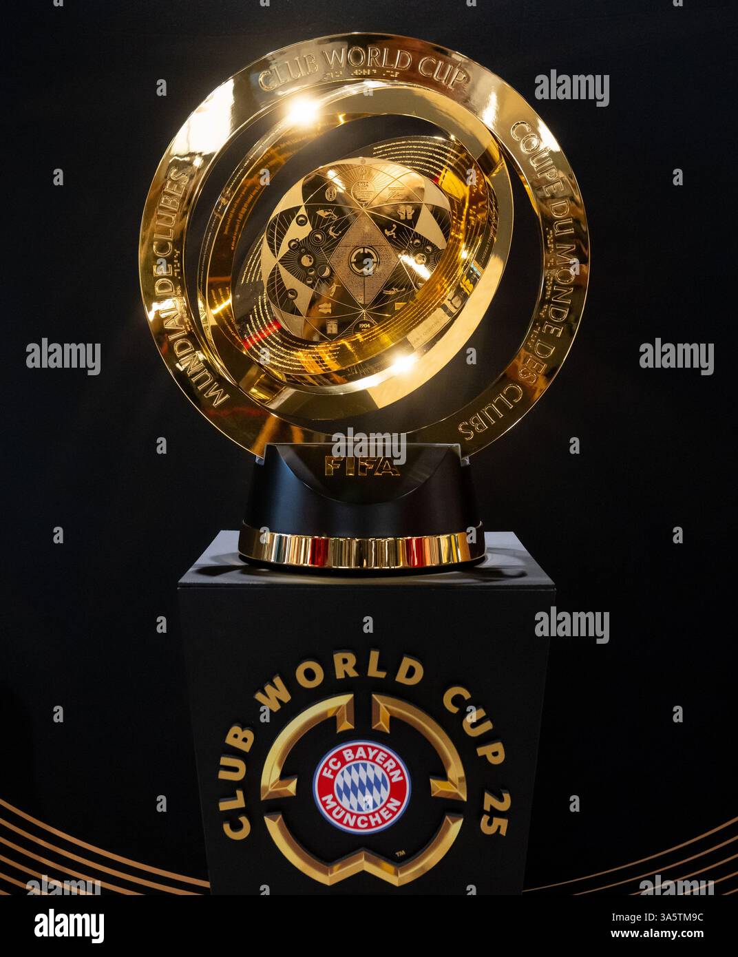 24 March 2025, Bavaria, Munich: The FIFA Club World Cup 2025 trophy can ...