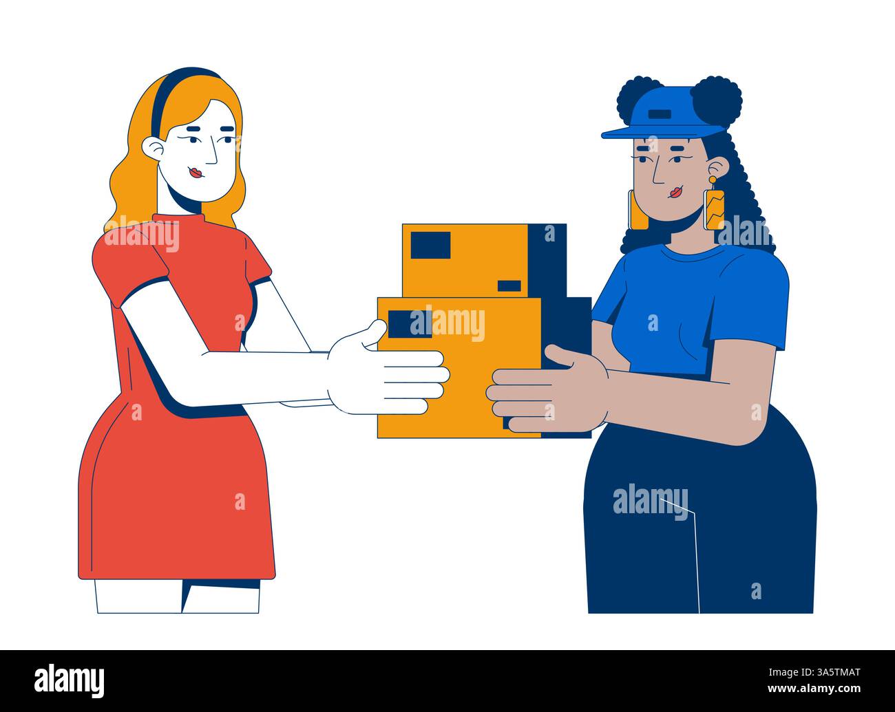 Two diverse women exchanging packages 2D cartoon characters Stock ...