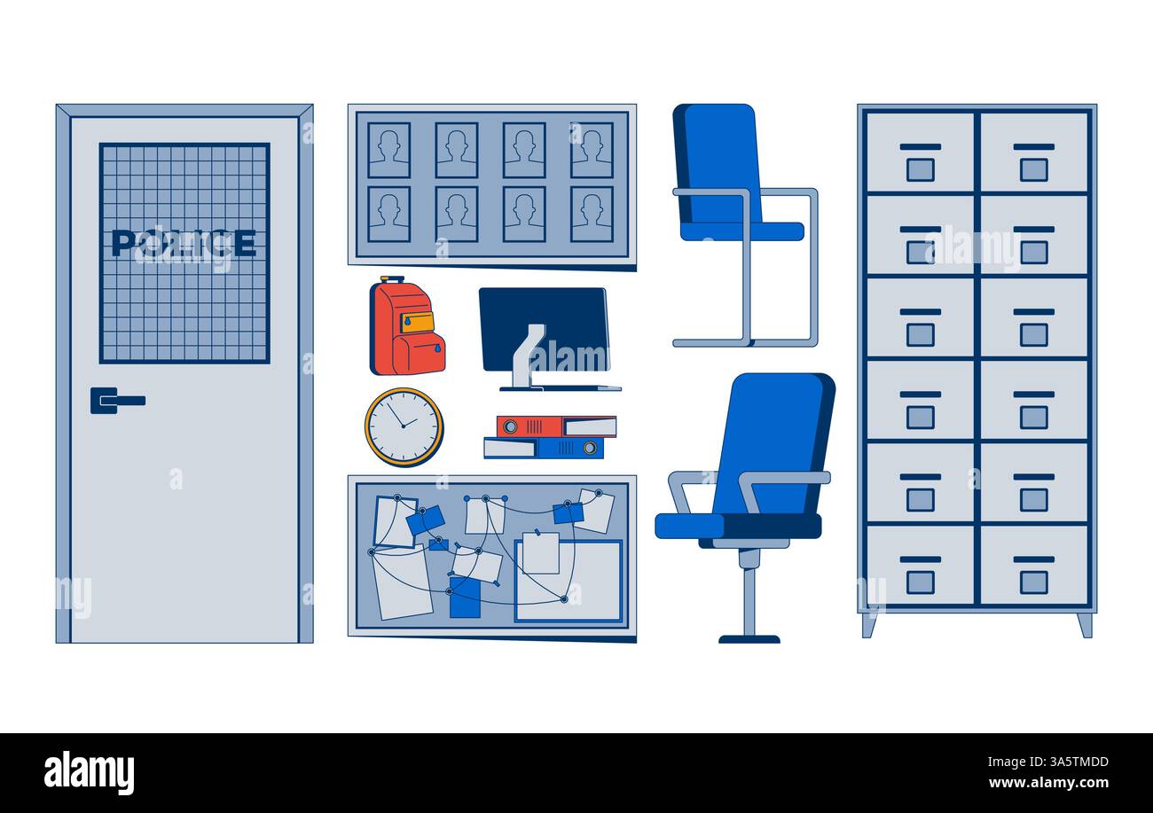 Police office interior with investigation tools 2D cartoon objects set ...