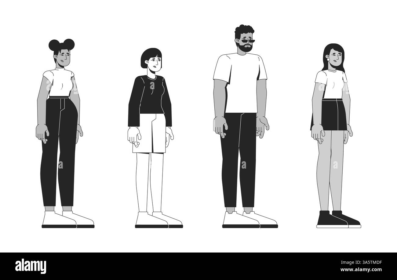 Diverse individuals standing with sad worried expressions 2D line ...