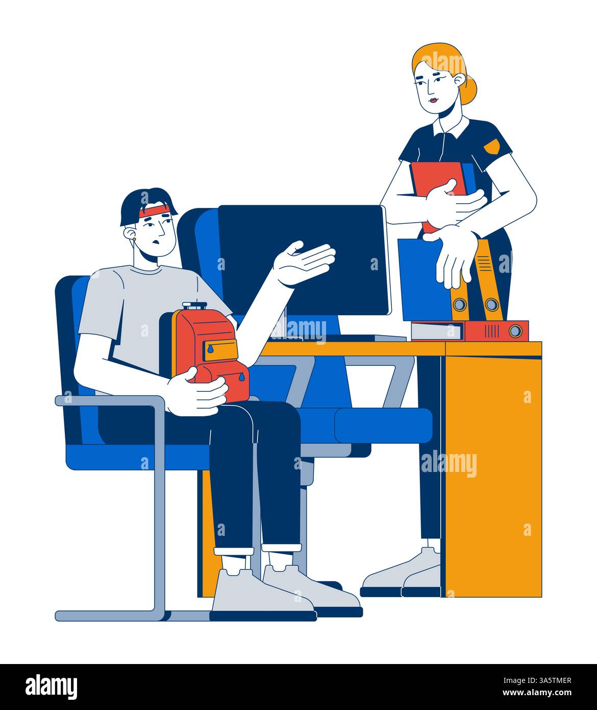 Asian young man filing police report with officer 2D cartoon characters ...