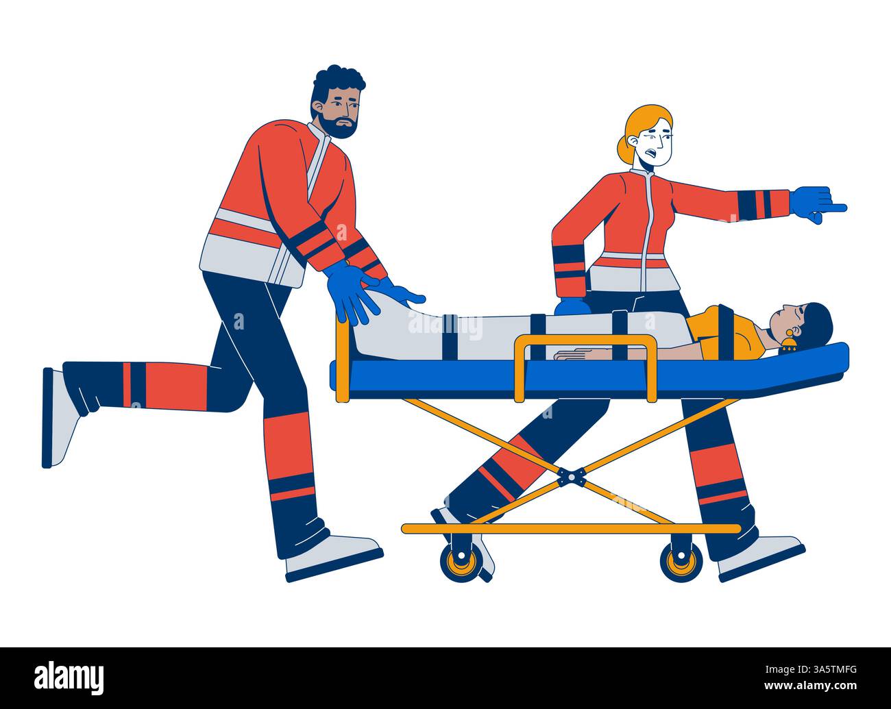 Diverse paramedics rushing with patient on stretcher 2D cartoon ...