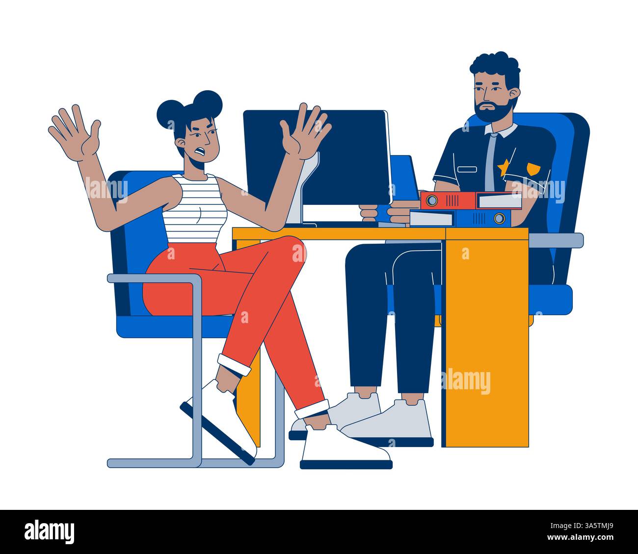 Emotional victim reporting crime to police officer 2D cartoon ...