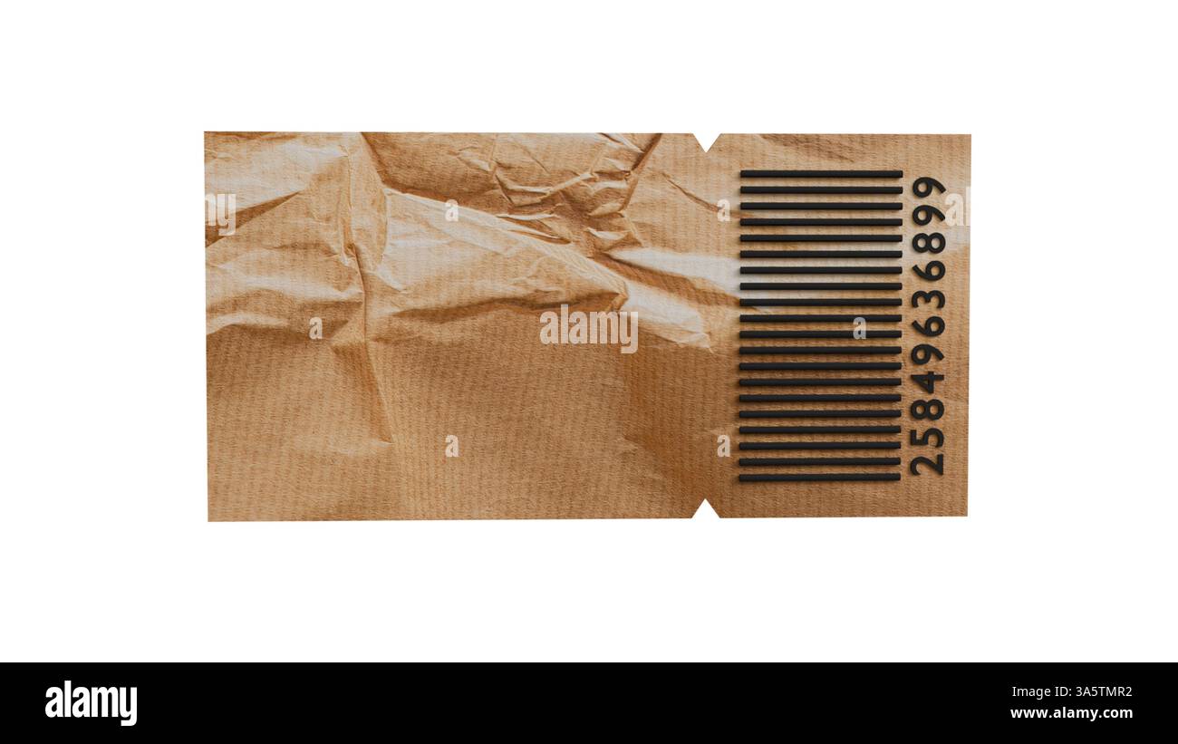 3D model of paper brown ticket and barcode on white background, ticket ...
