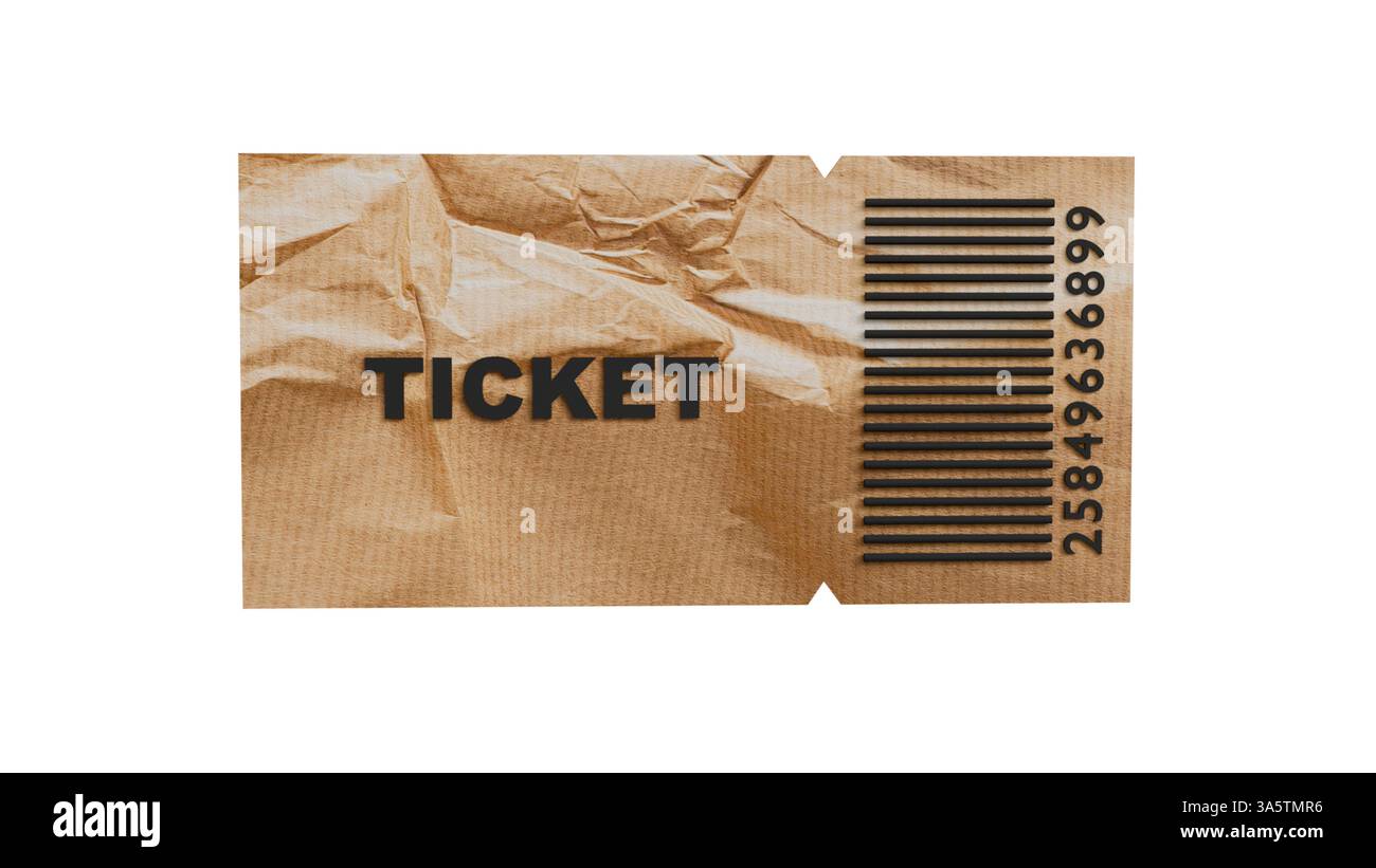 3D model of paper brown ticket with word ticket and barcode on white ...