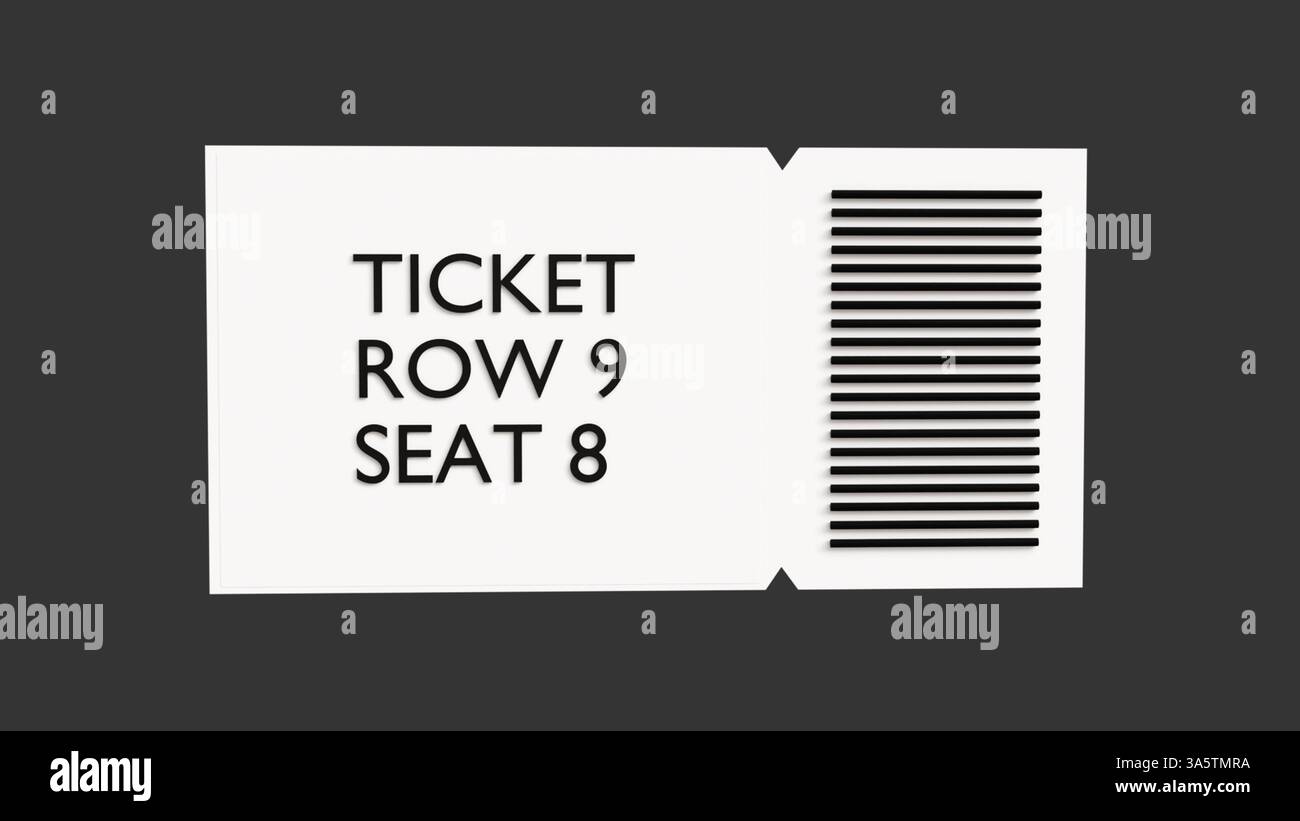 3D model of a ticket with a row number and a seat and a barcode on a ...