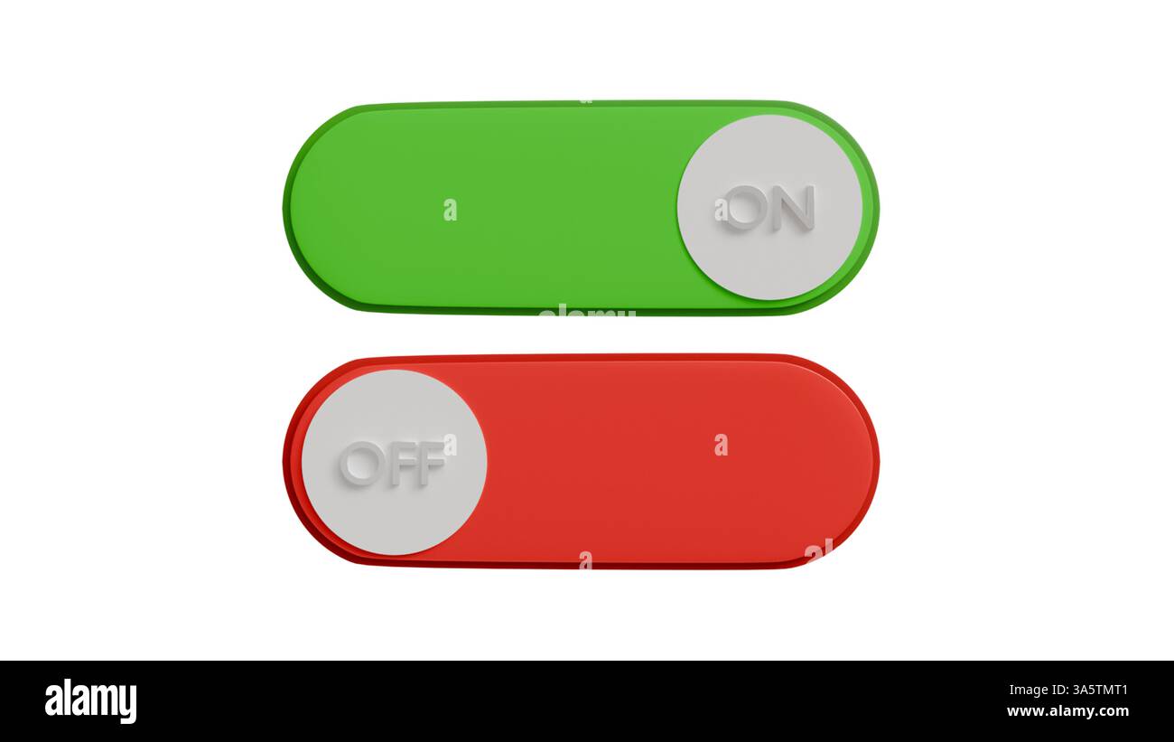 3D model of two buttons green button on and red button off on a white ...