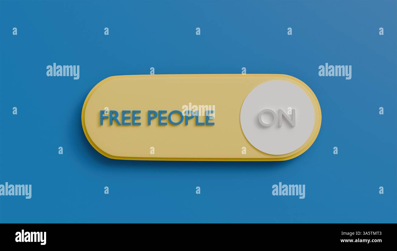 3D model of a yellow power button with the text free people on a blue ...