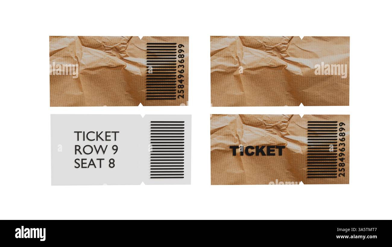 3D model of four paper tickets of different brown and white with and ...