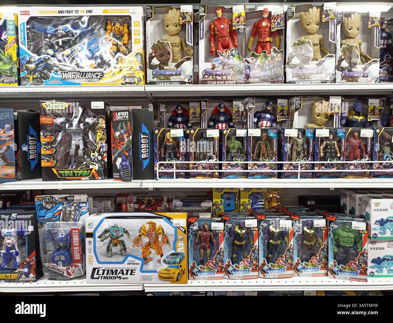Superhero and sci-fi action figure display at toy store shelves Stock ...