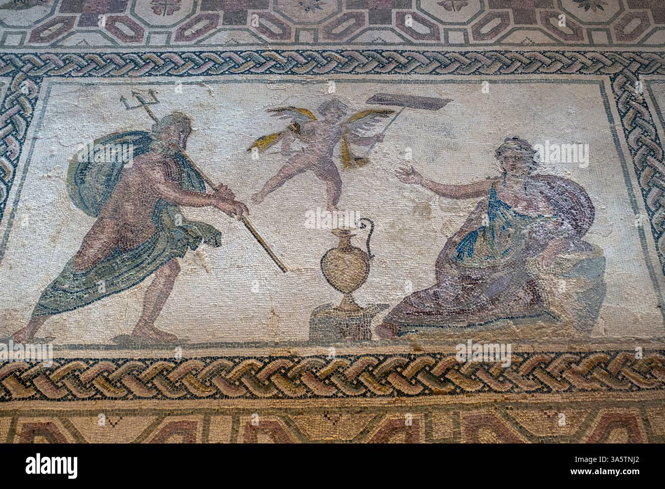 Mosaic panel represents the myth of Poseidon and Amymone. Eros is ...