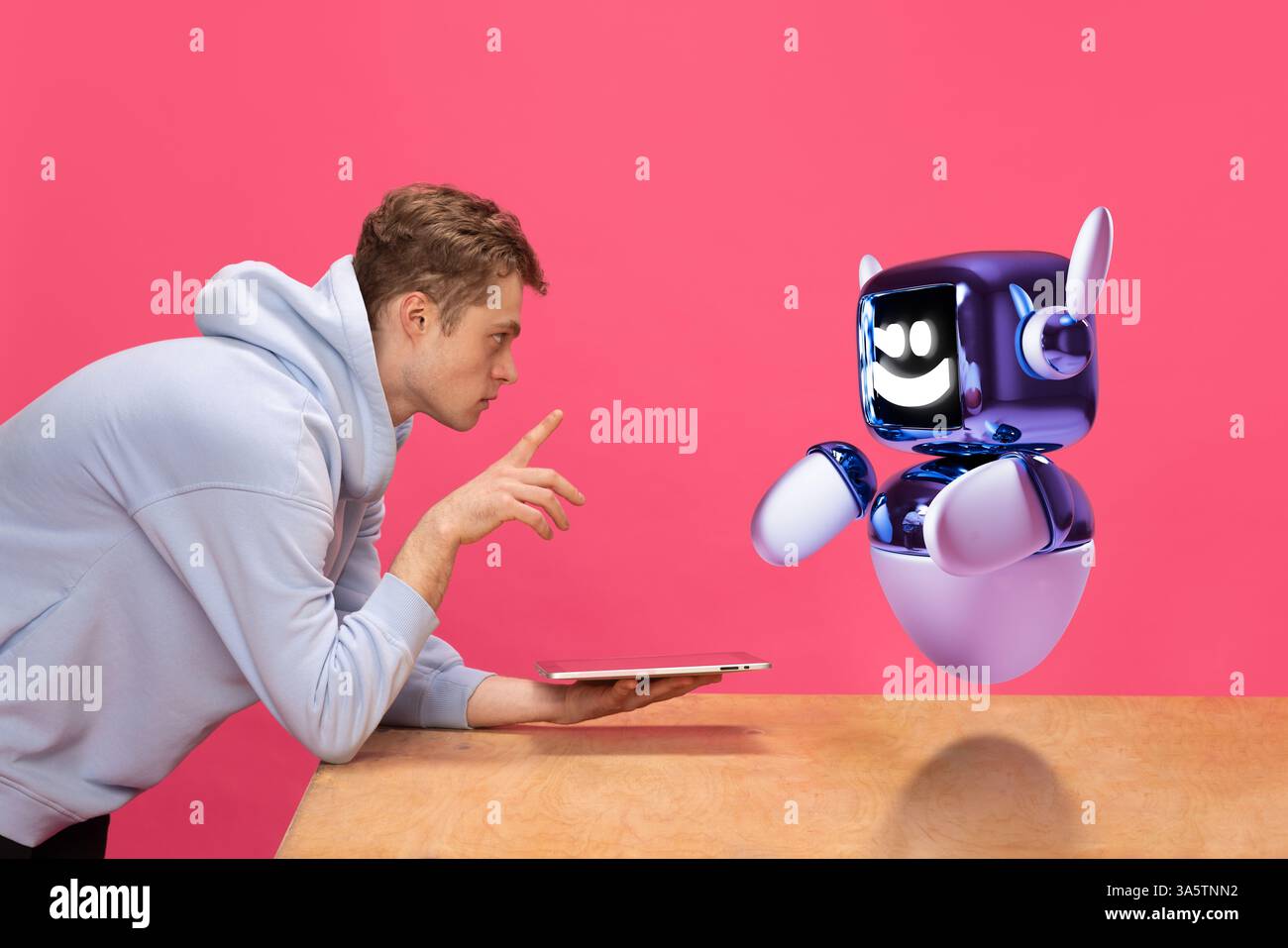 Composite image of young man interacting with 3D model of robot and ...