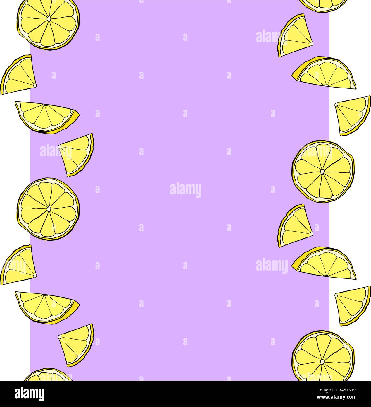 Citrus lemon slices vertical seamless border frame. Vector graphic line ...