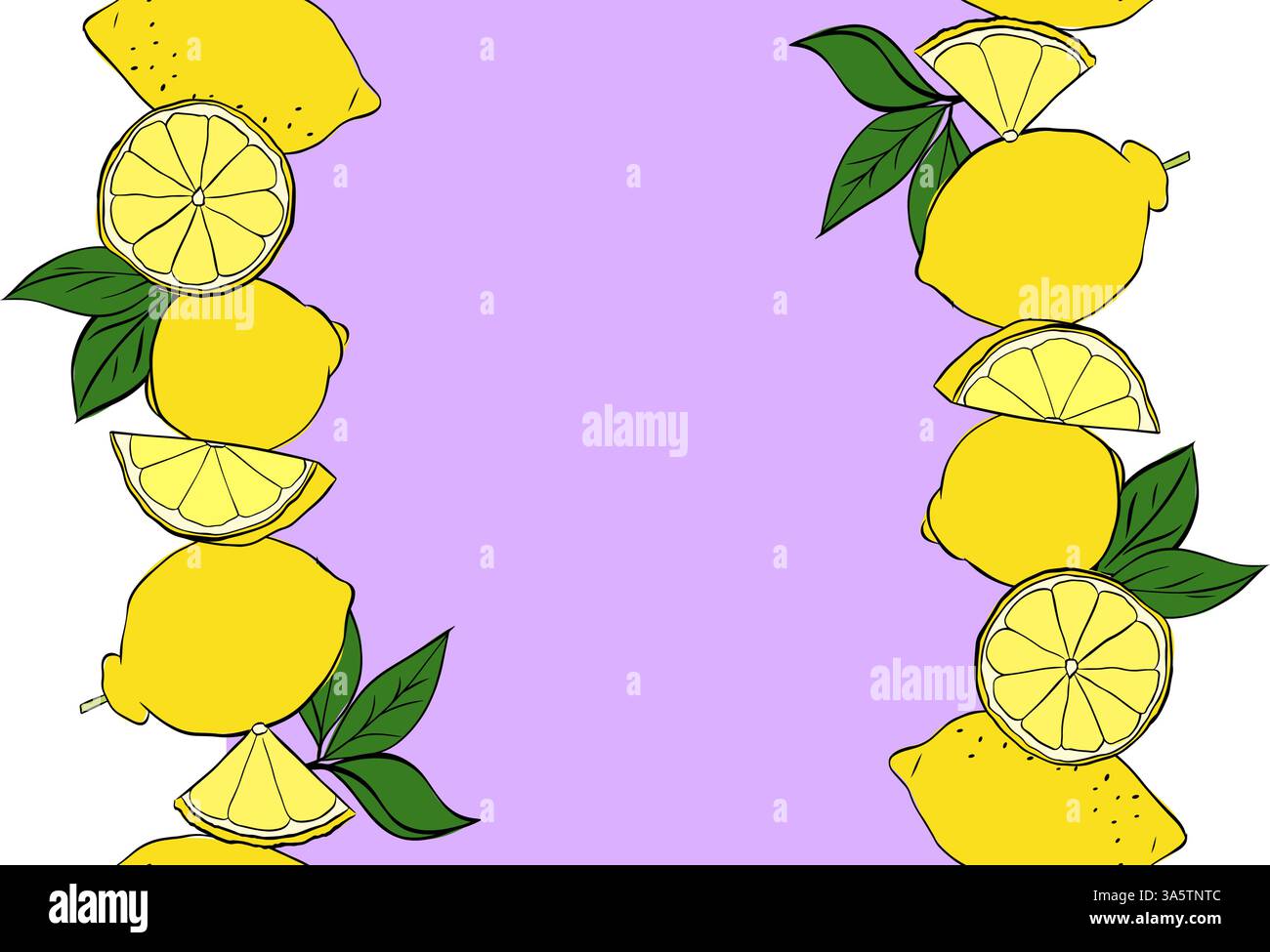 Lemons whole, slices and leaves Vertical seamless border frame ...