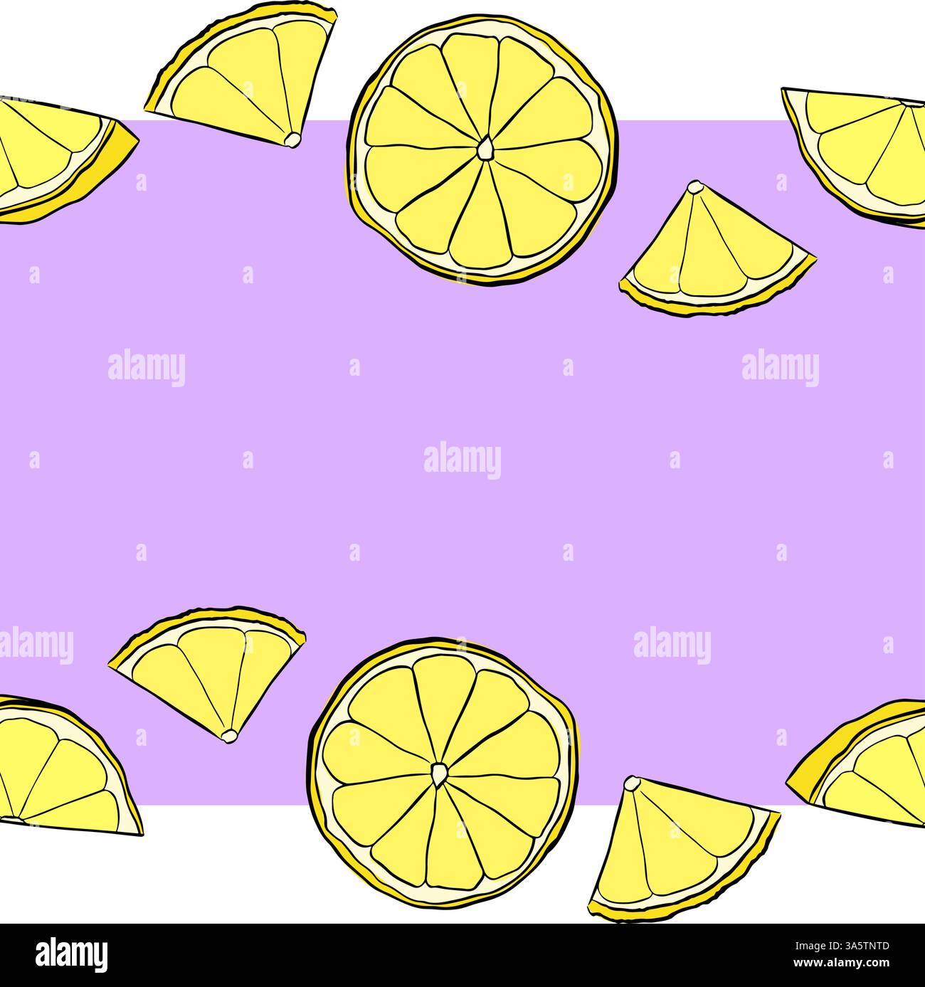 Citrus lemon slices horizontal seamless border frame. Yellow colored ...
