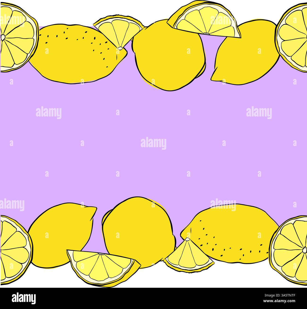 Lemons cut, slices and whole seamless horizontal border frame. Yellow ...