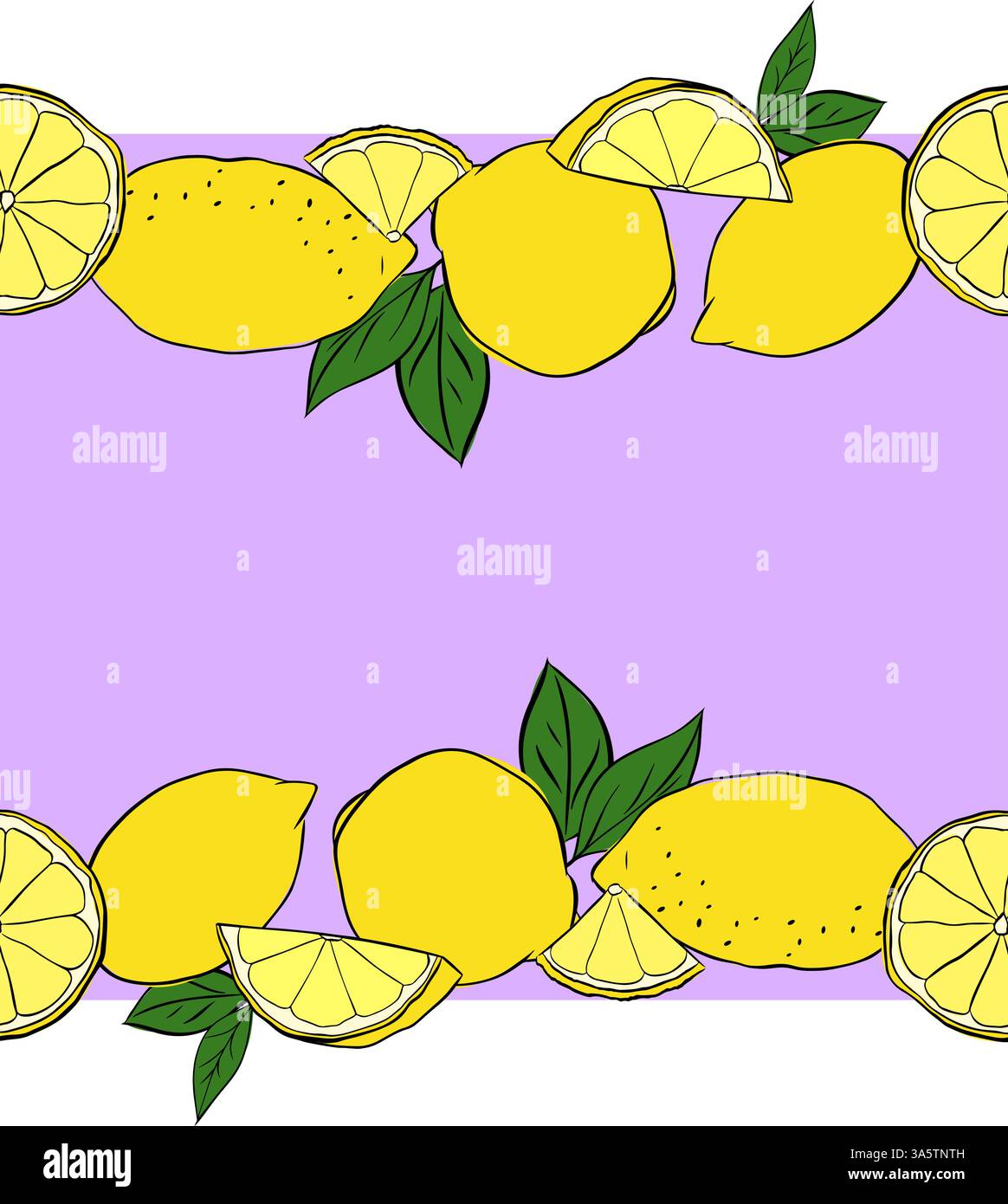 Lemons whole, slices and leaves horizontal seamless border frame ...