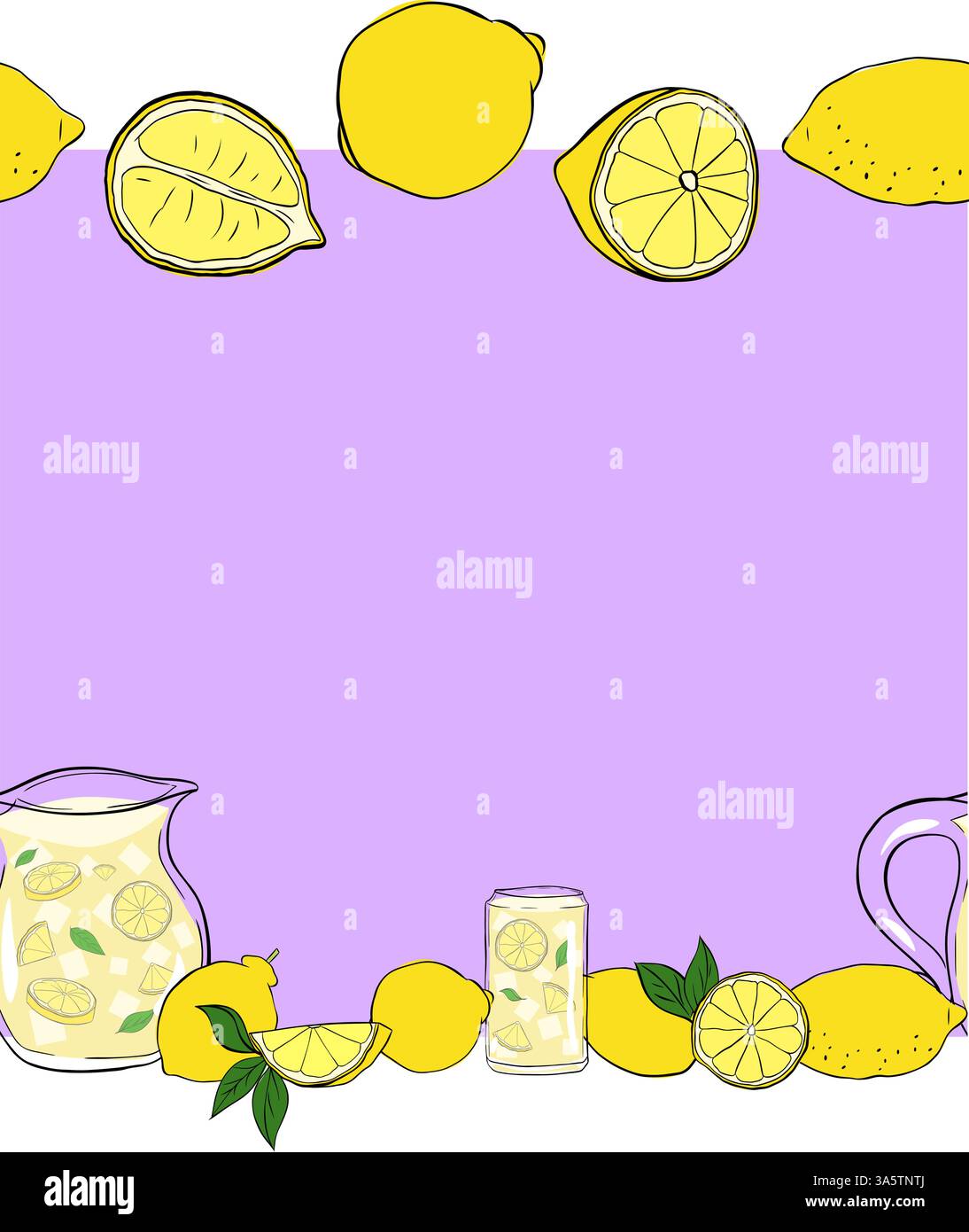 Lemonade with lemons whole and slices, green leaves seamless horizontal ...