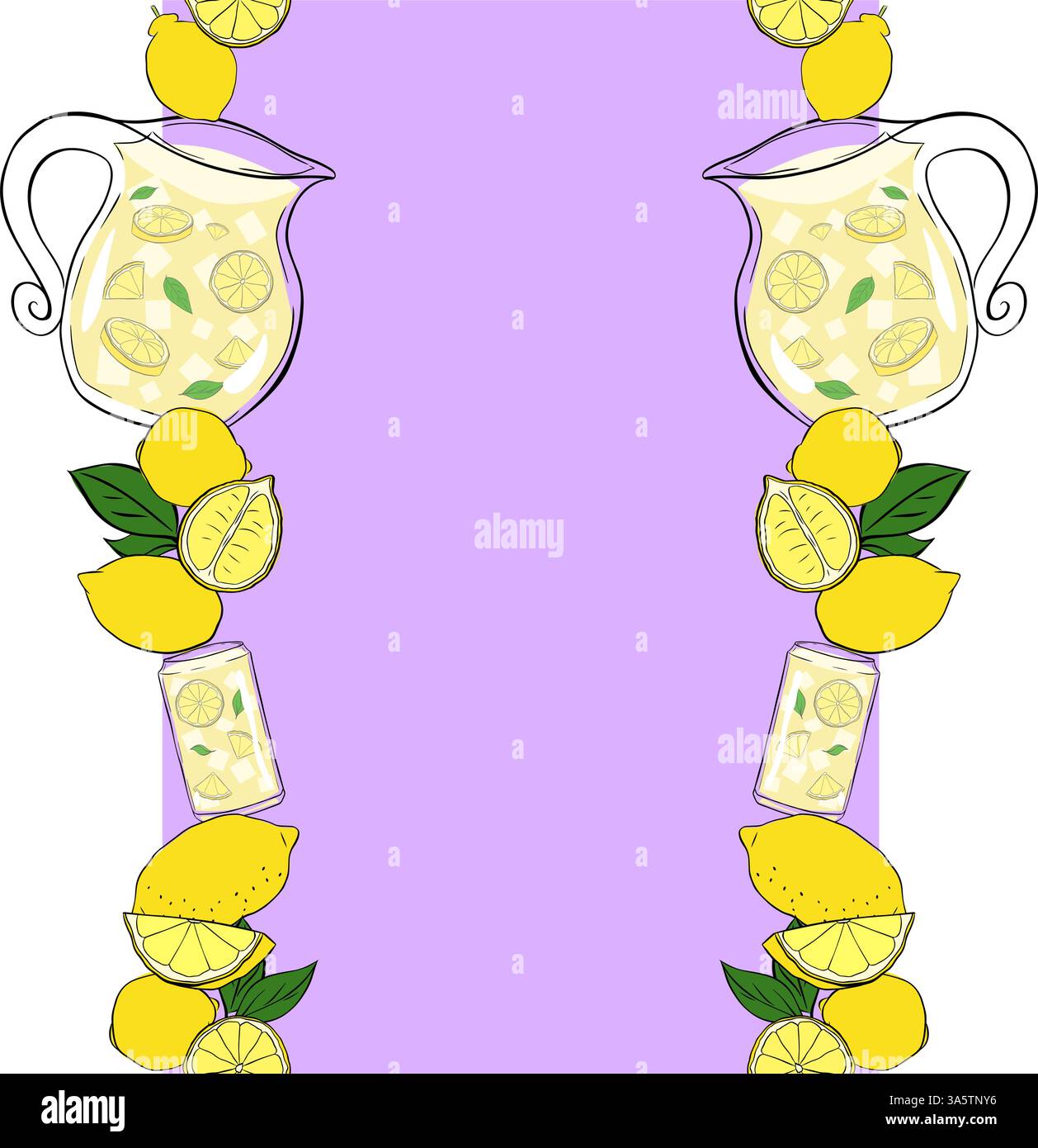 Lemonade with lemons whole and slices, green leaves seamless vertical ...