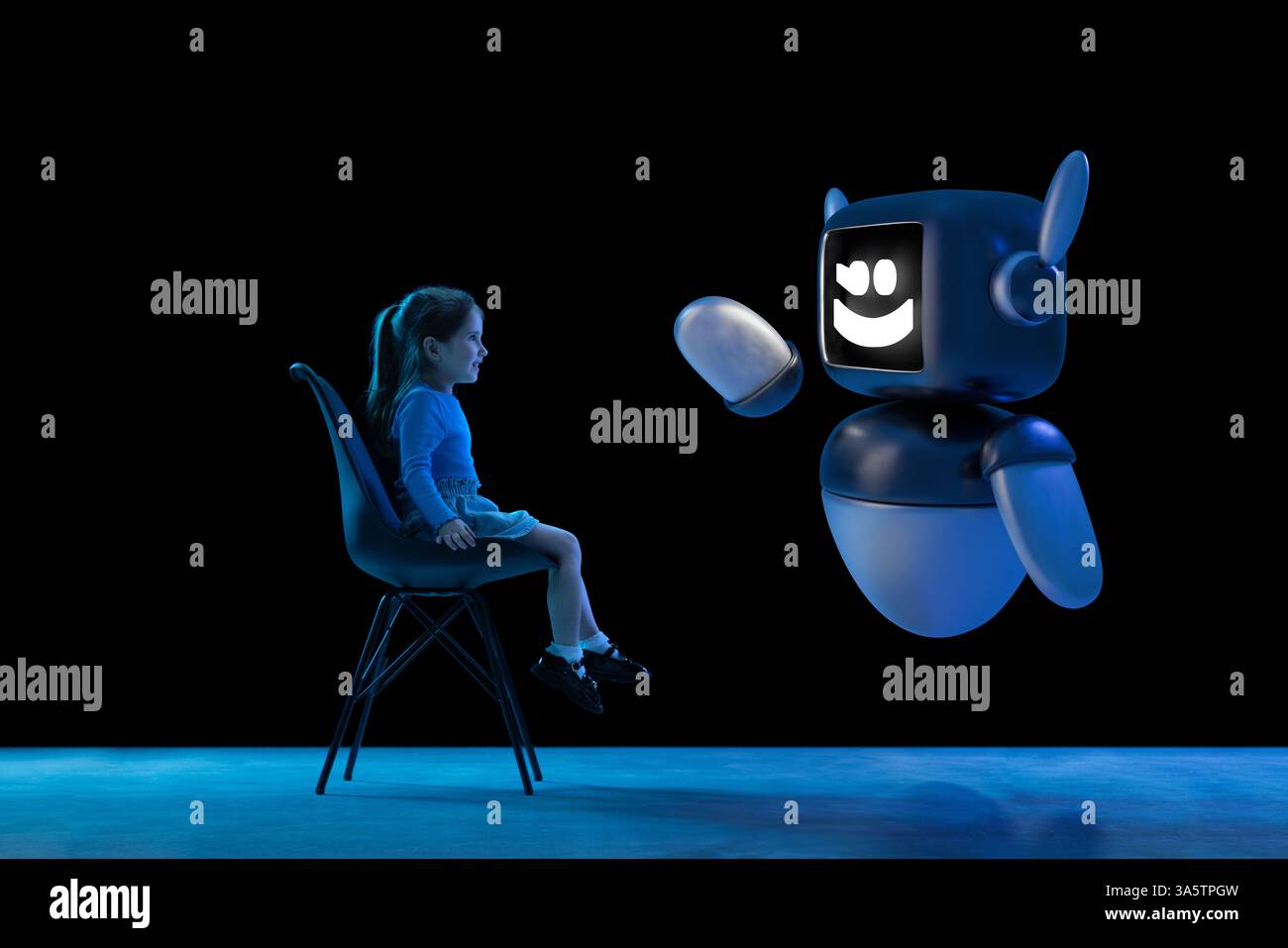 Composite image of girl child communicating with 3D model of robot ...