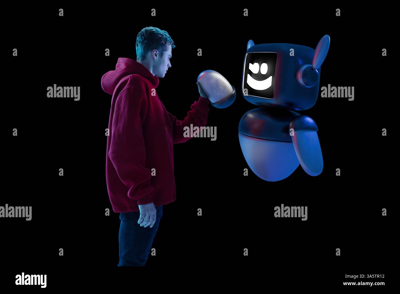 Composite image of young man interacting with 3D model of robot ...
