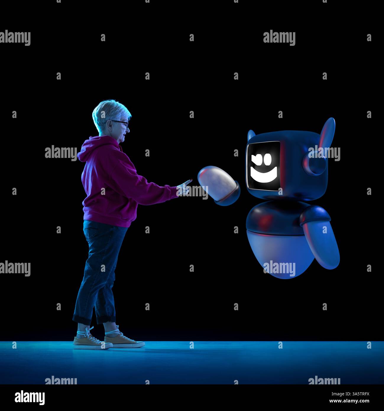 Composite image of elderly woman interacting with 3D model of robot ...