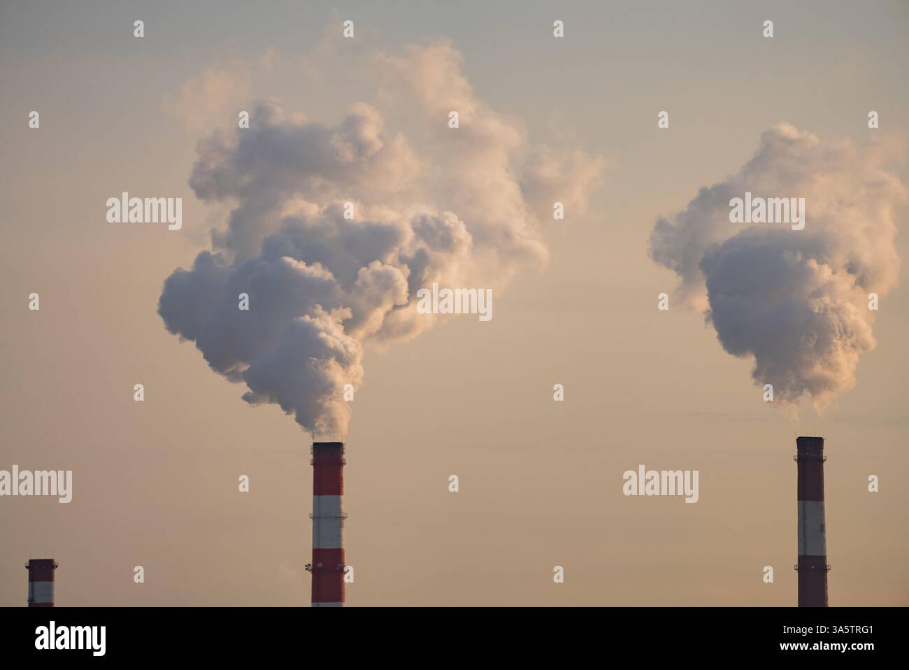 Industrial smokestacks releasing thick smoke columns against twilight ...