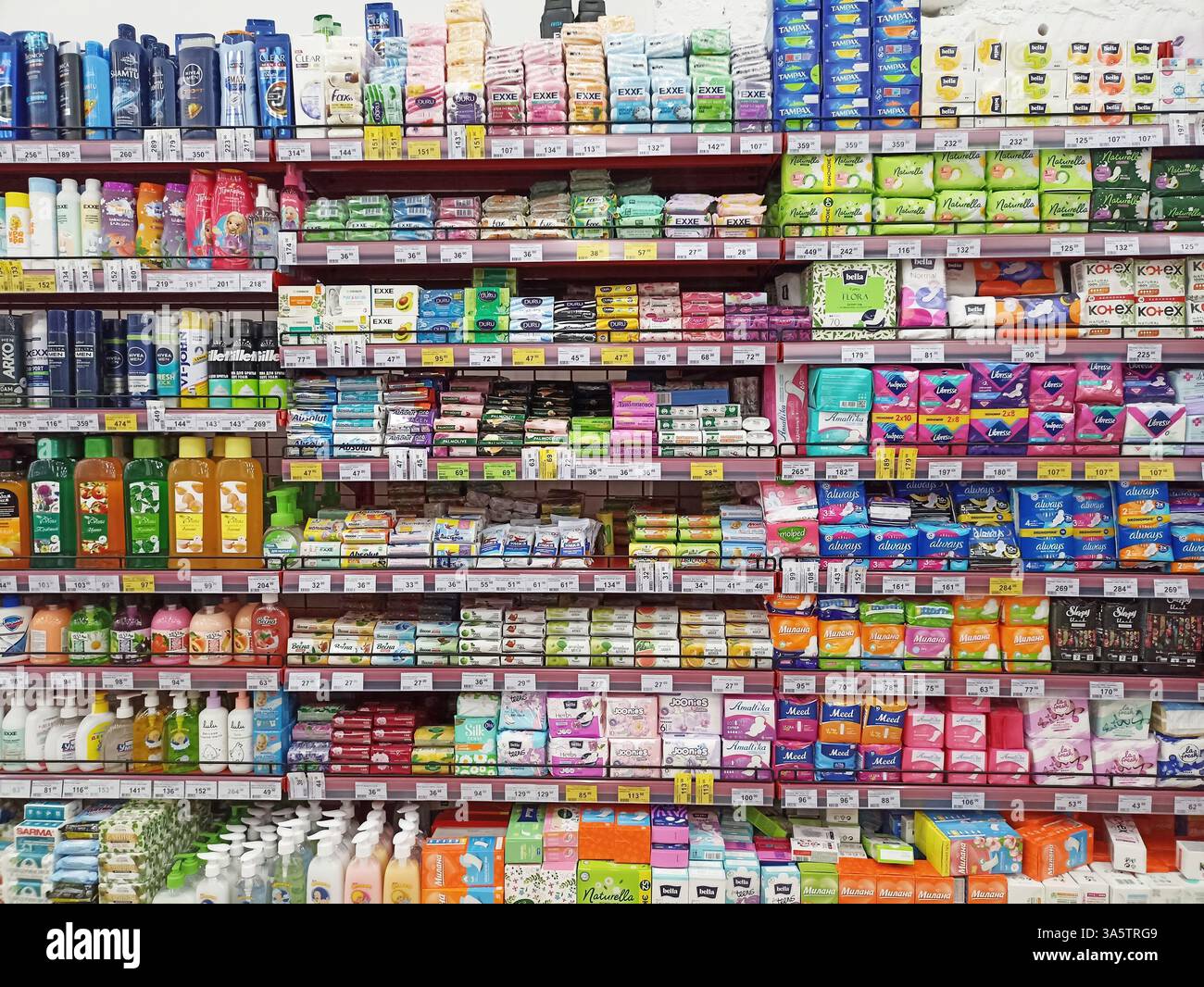 Vibrant supermarket aisle with diverse personal care and hygiene ...