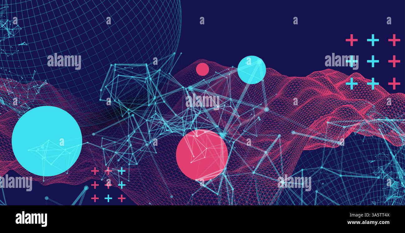 Science fiction background. Abstract image of wireframe wave and sphere ...