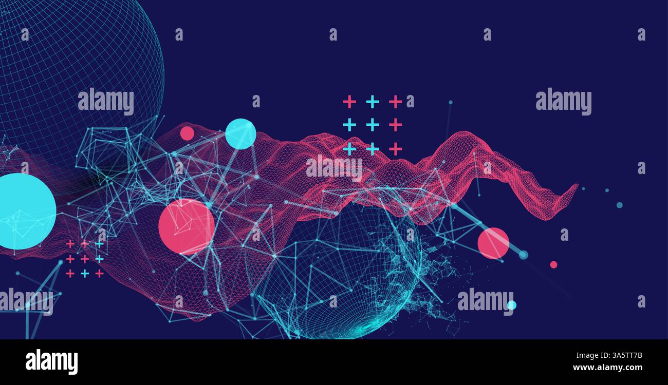Science fiction background. Abstract image of wireframe wave and sphere with plexus effect Stock ...
