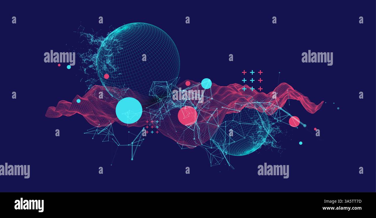 Science fiction background. Abstract image of wireframe wave and sphere ...