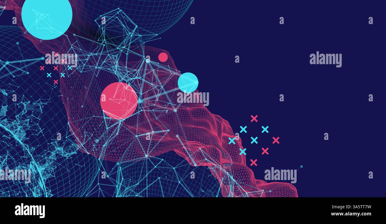 Science fiction background. Abstract image of wireframe wave and sphere ...
