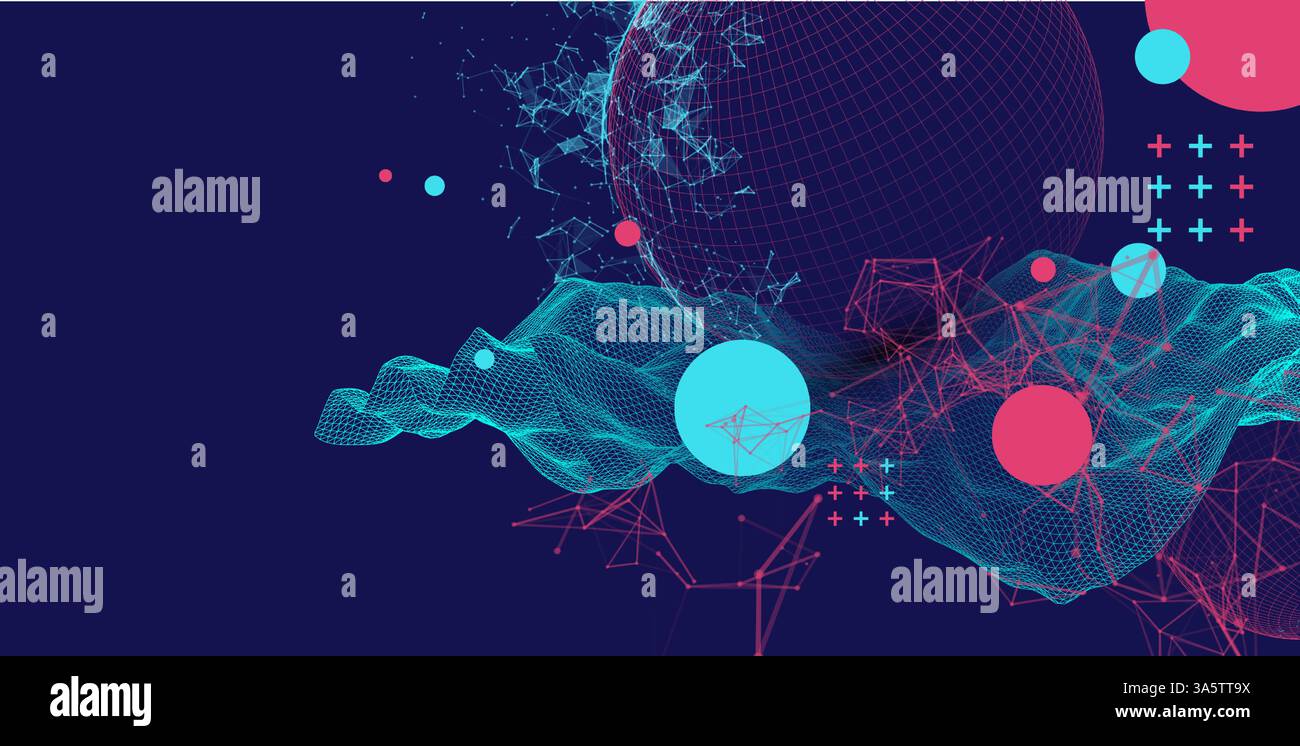 Science fiction background. Abstract image of wireframe wave and sphere with plexus effect Stock ...