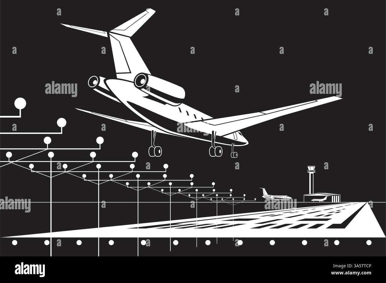 Private jet landing to city airport by night – vector illustration ...