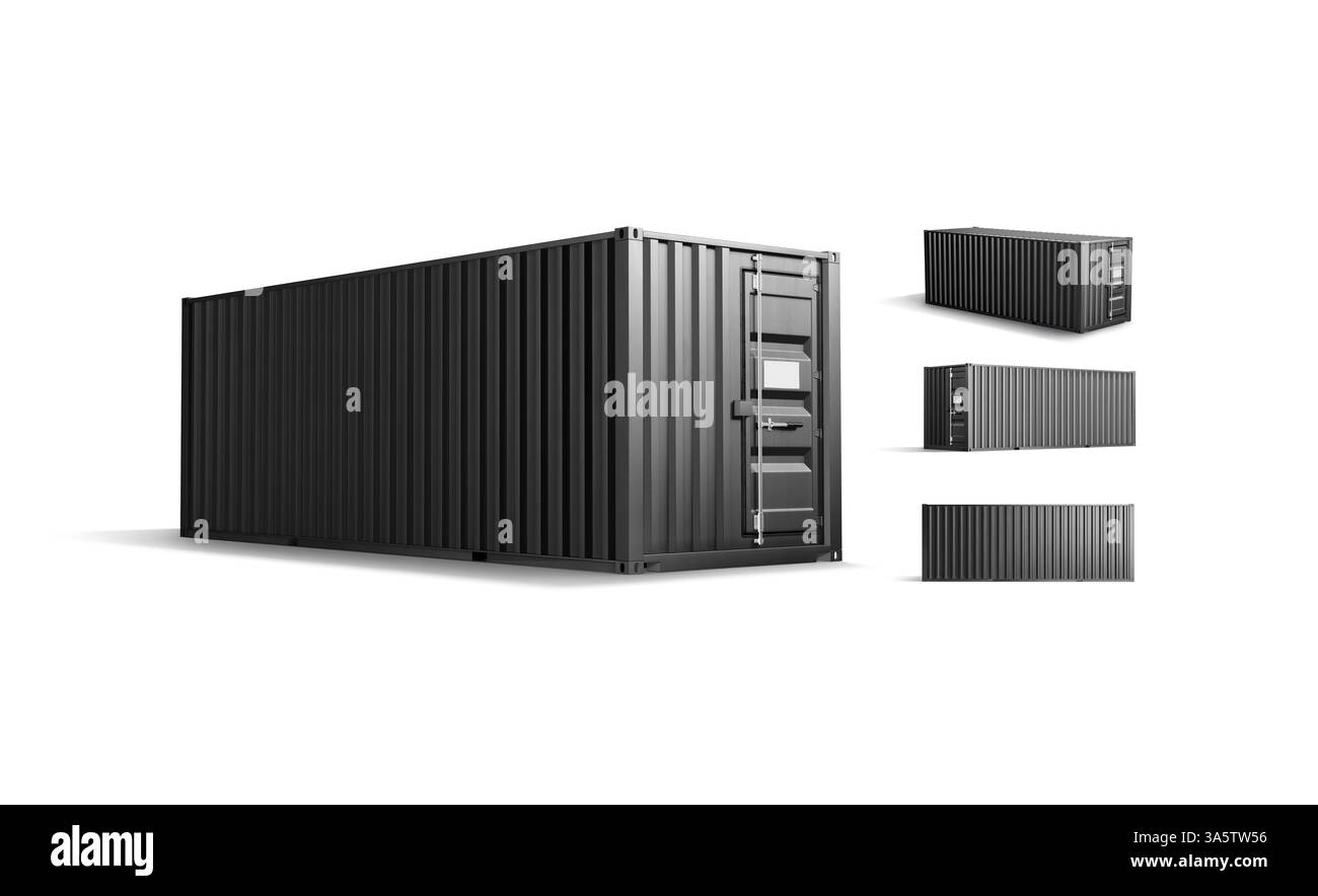 Blank black steel cargo container mockup, different views, 3d rendering ...