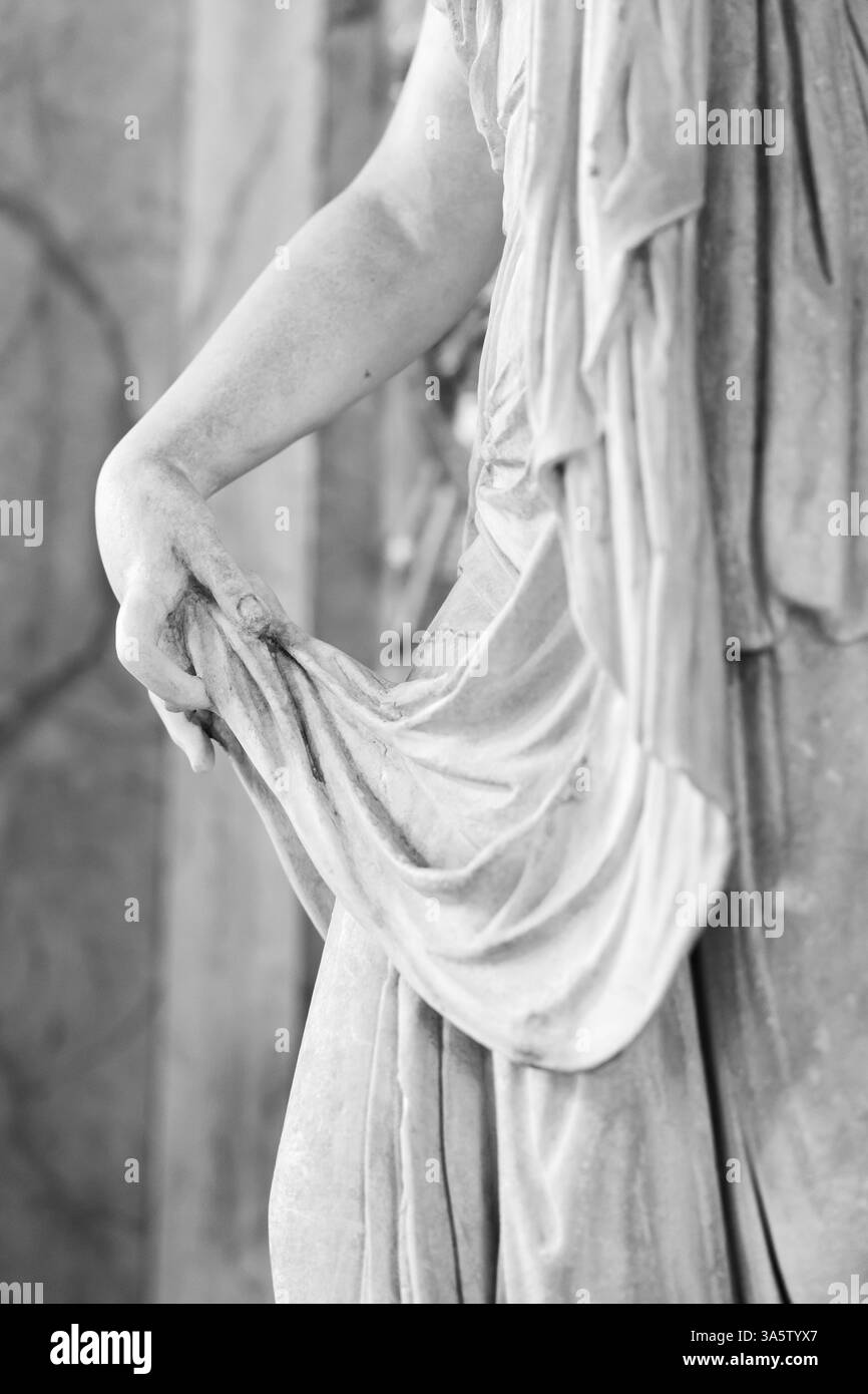 Black and white photo showing in detail classic marble statue ...