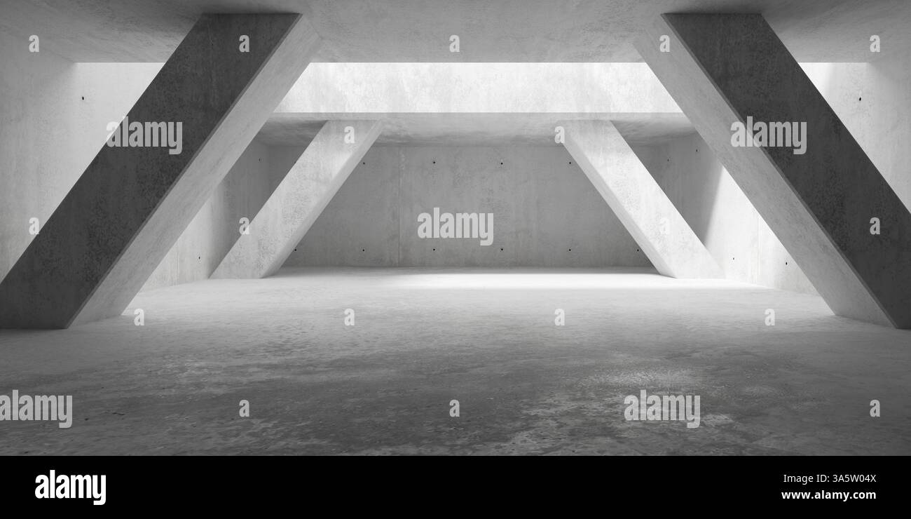 Abstract empty, modern concrete room with diagonal pillars in the front ...